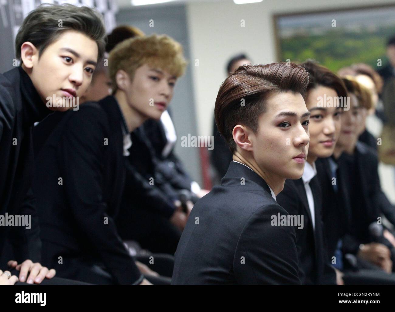 South Korean K-pop group EXO holds a press conference before their concert "EXO PLANET #2 - The ...