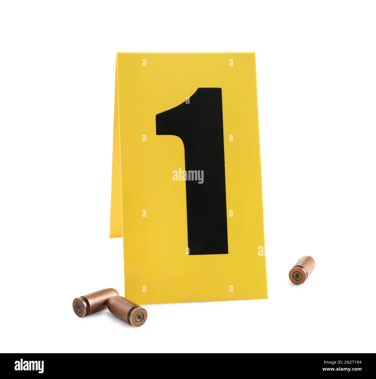 Bullets and crime scene marker with number one isolated on white Stock ...