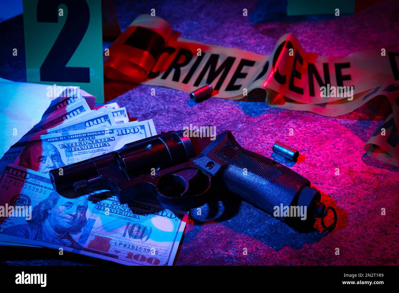 Money and gun on stone table, toned in red and blue. Crime scene Stock ...