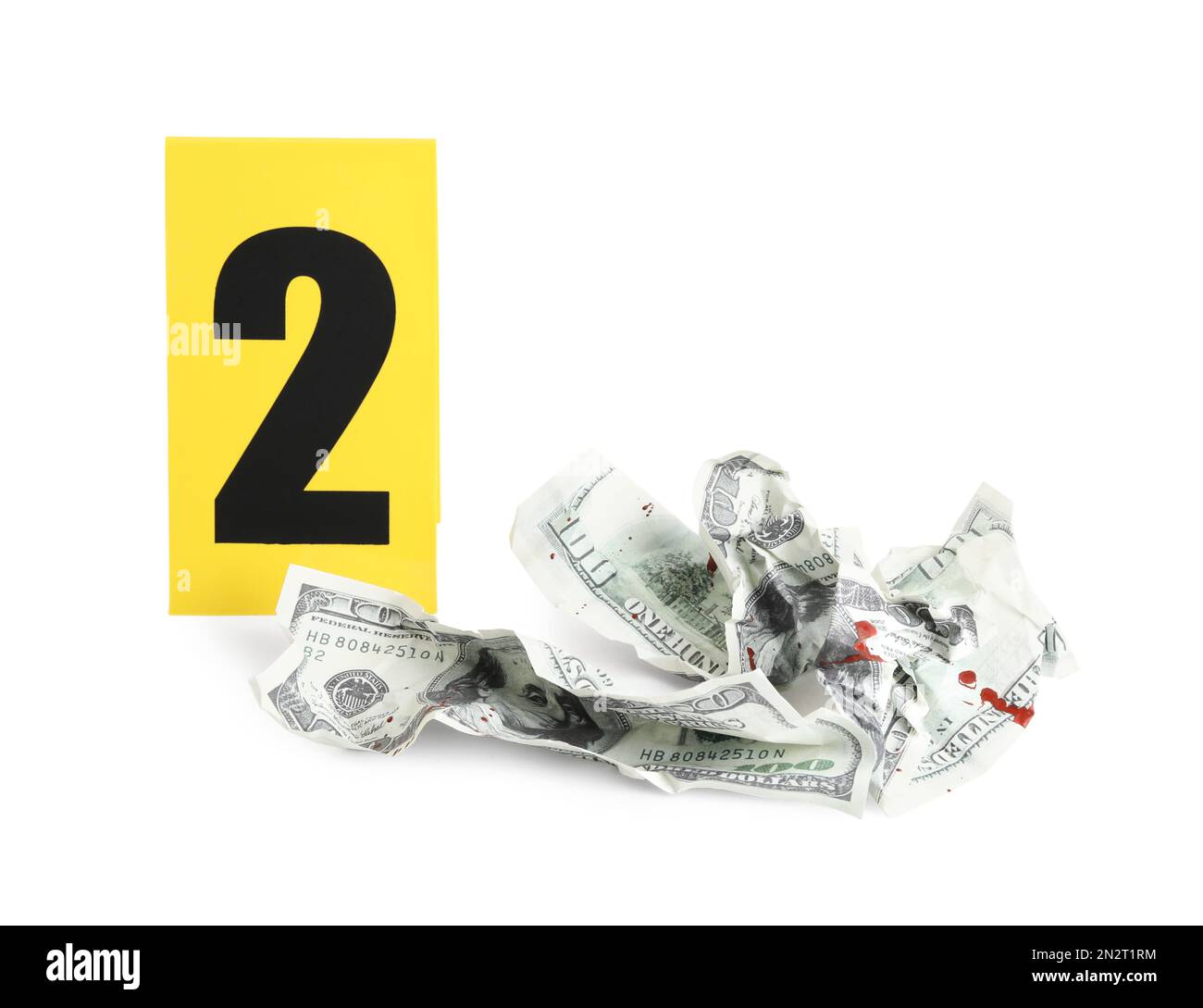 Bloody crumpled dollars and crime scene marker with number two isolated ...