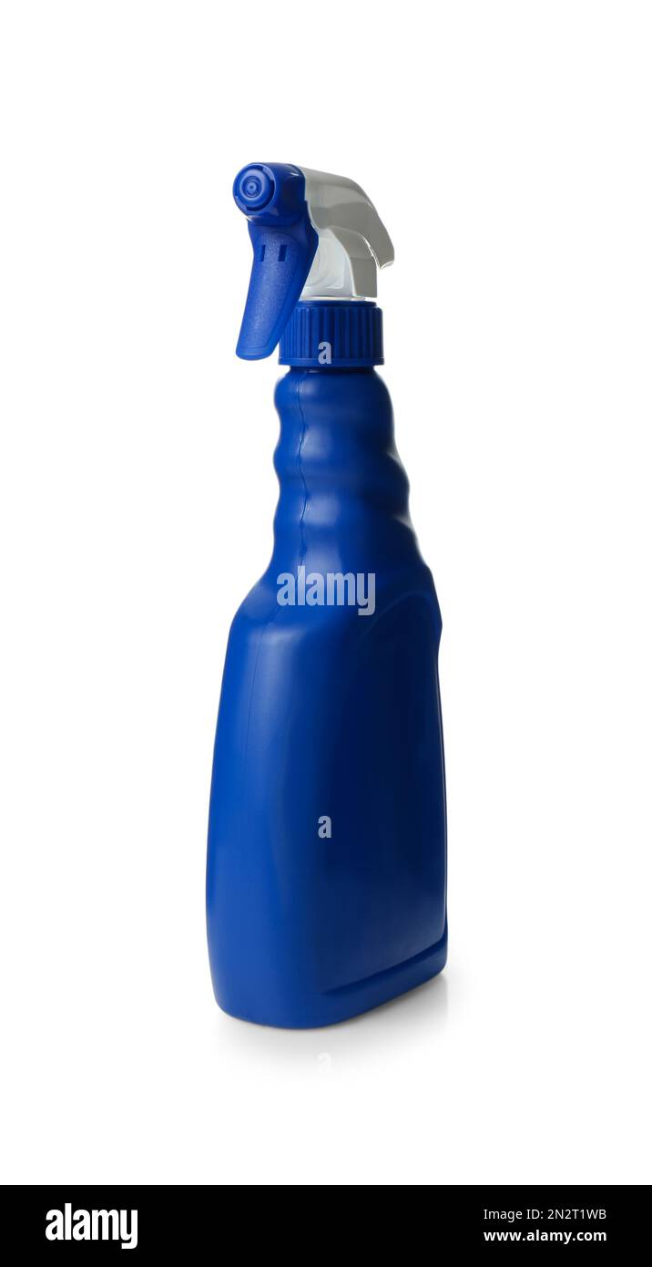 Blue spray bottle of cleaning product isolated on white Stock Photo - Alamy