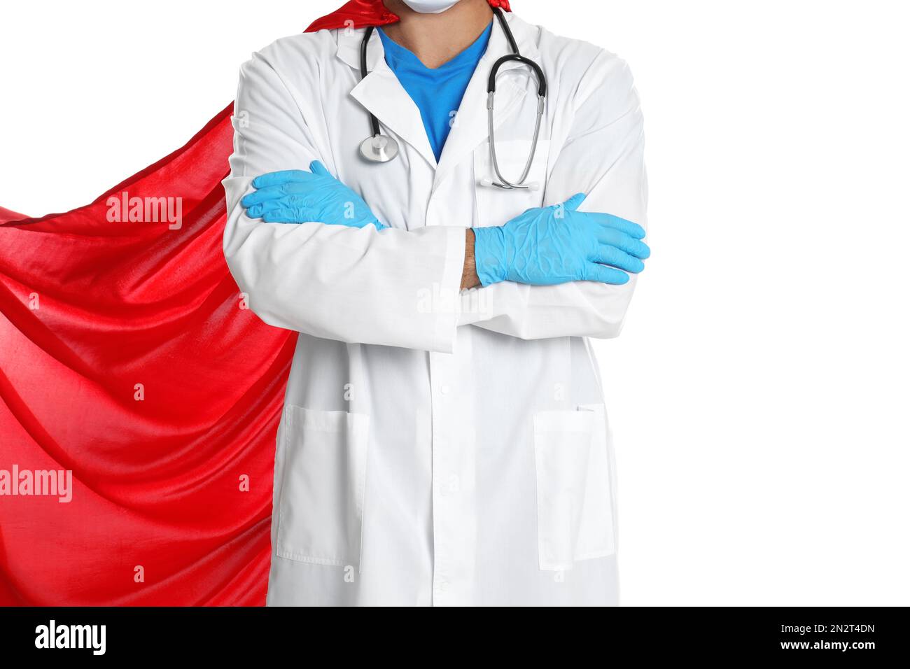 Doctor wearing cape on white background, closeup. Super hero power for ...