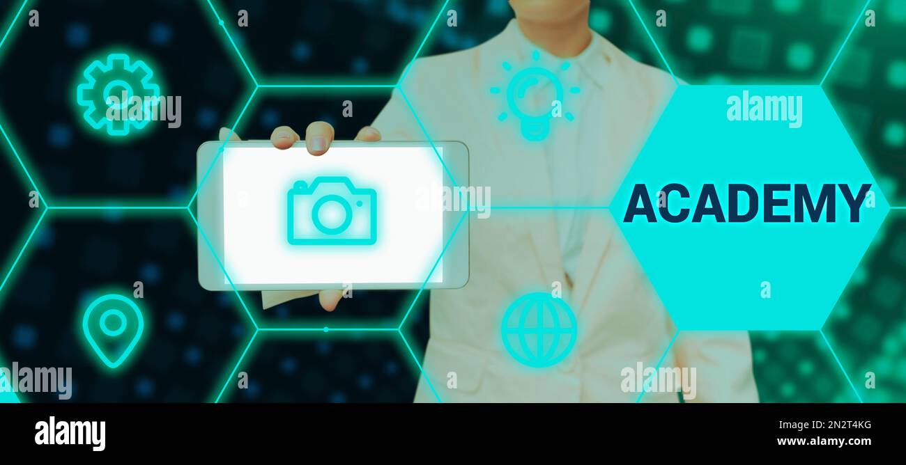 Text caption presenting Academy, Word for where students can go to ...