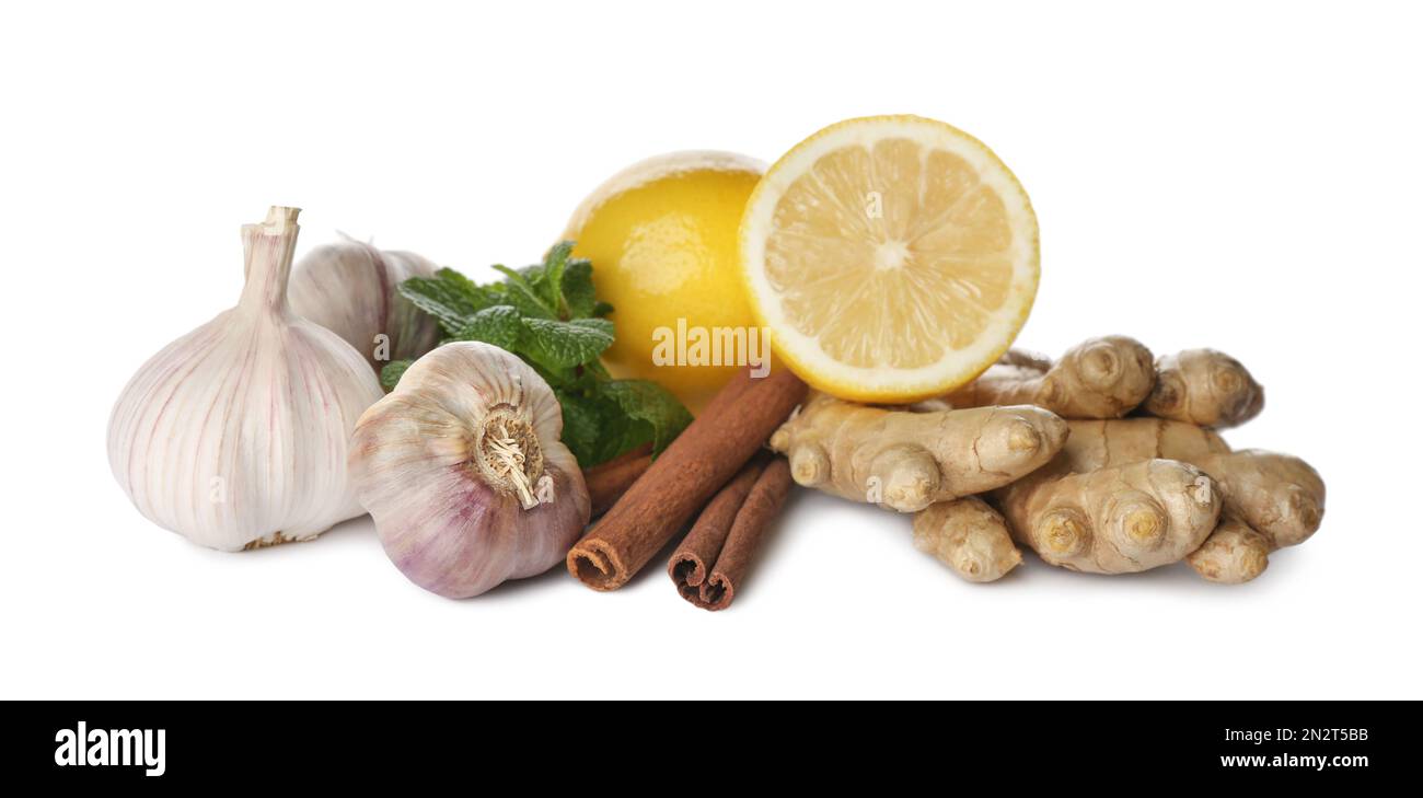 Composition with different natural antibiotics on white background ...