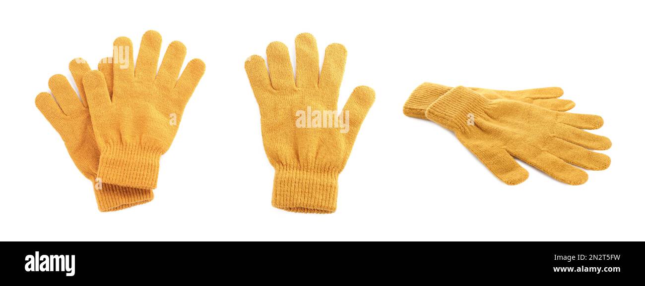 Set of yellow woolen gloves on white background. Banner design Stock ...