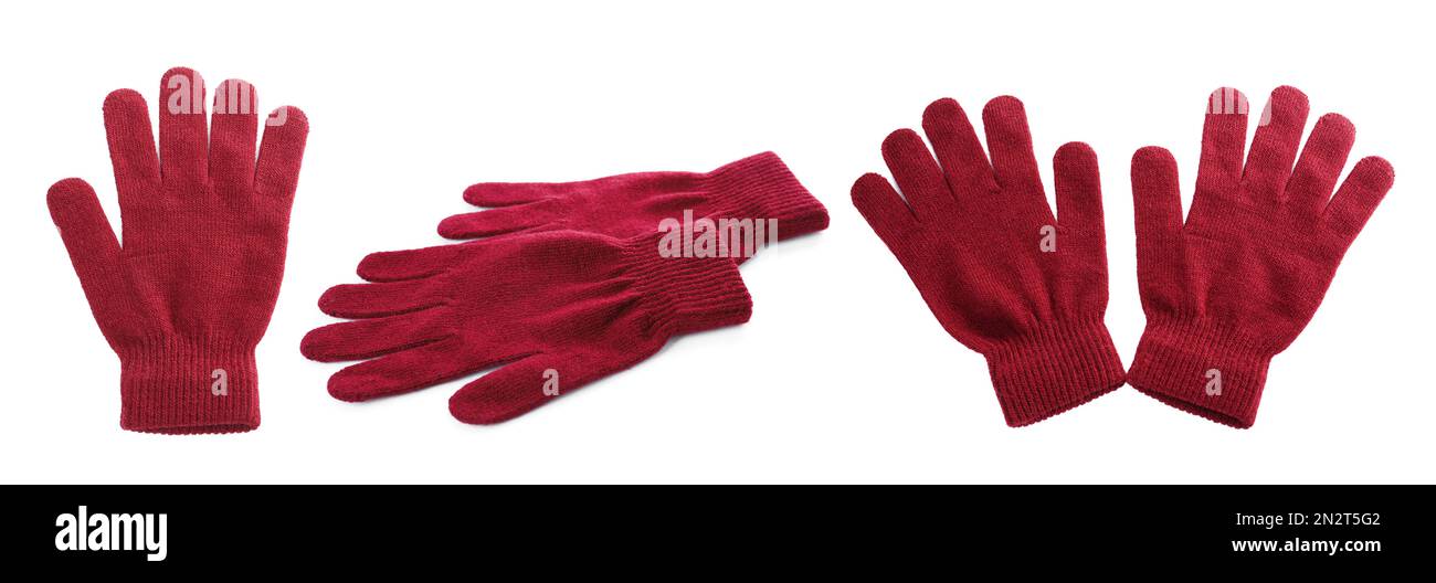 Set of red woolen gloves on white background. Banner design Stock Photo ...