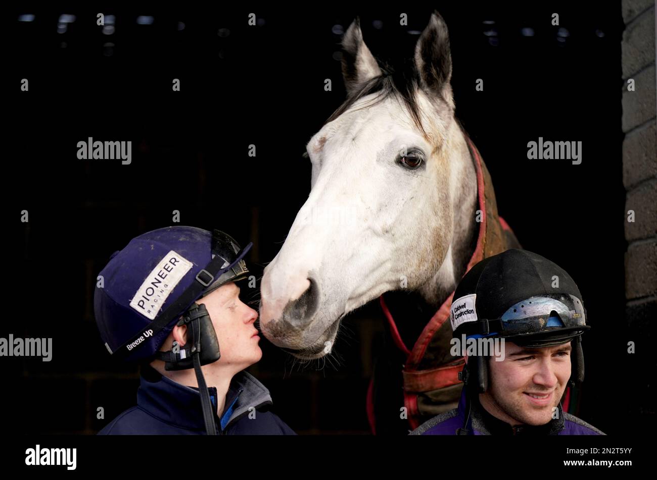 Jockeys Sam Ewing (left) and Jordan Gainford with Farclas during a ...