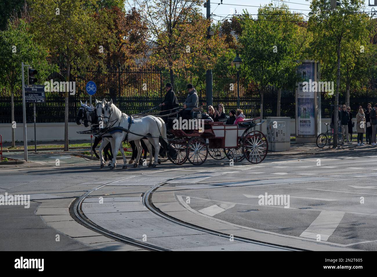View of the Horse carriages. Fiakers at the Vienna Ring Road , a circular grand boulevard that ...
