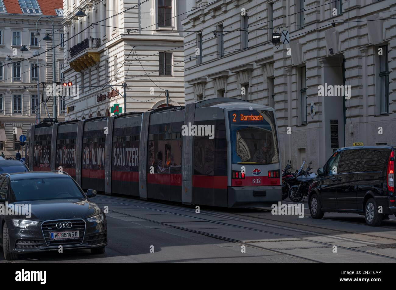 View of trams at the Vienna Ring Road (Ringstrasse), a circular grand ...