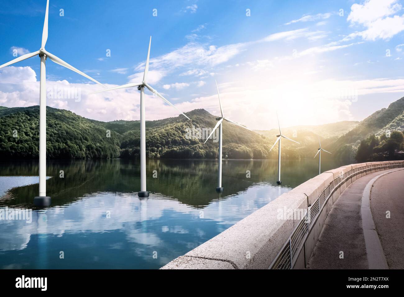 Floating wind turbines installed in water near mountains. Alternative ...