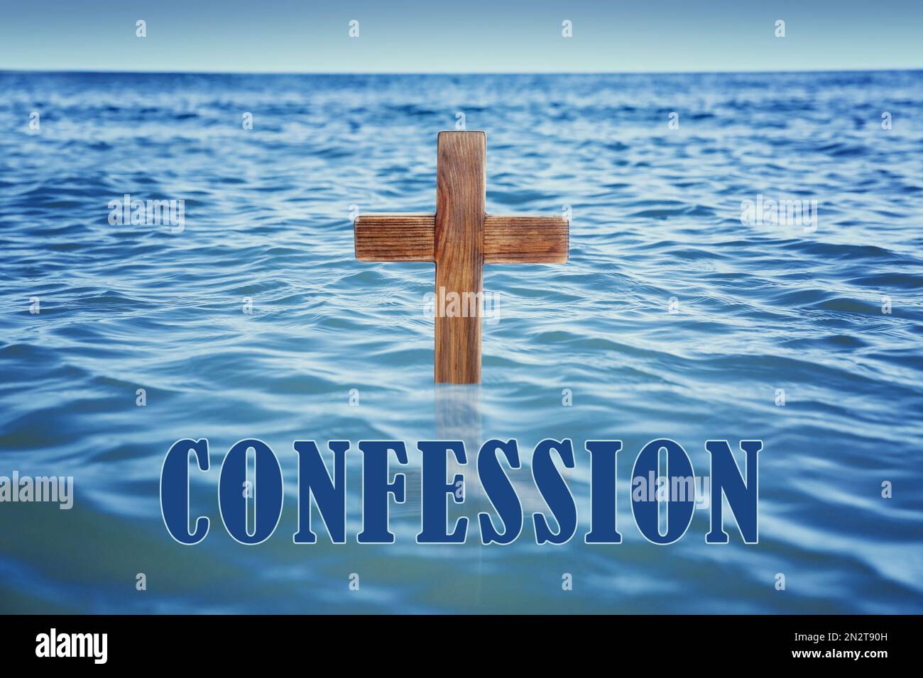 Word Confession near wooden Christian cross in water Stock Photo - Alamy