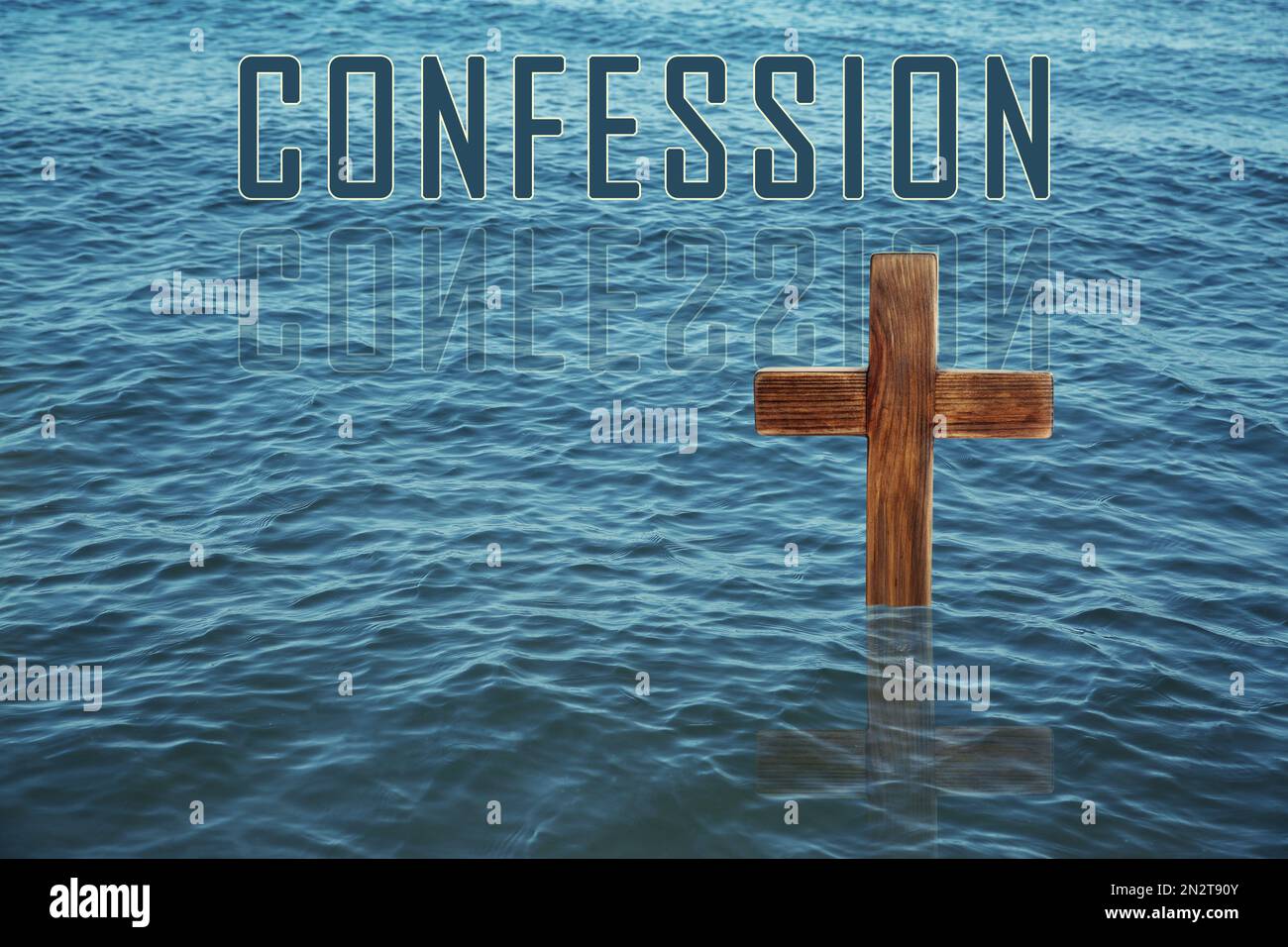 Word Confession near wooden Christian cross in water Stock Photo - Alamy