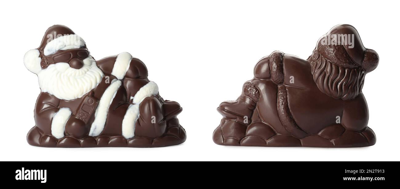 Chocolate Santa Claus on white background, views from different sides ...