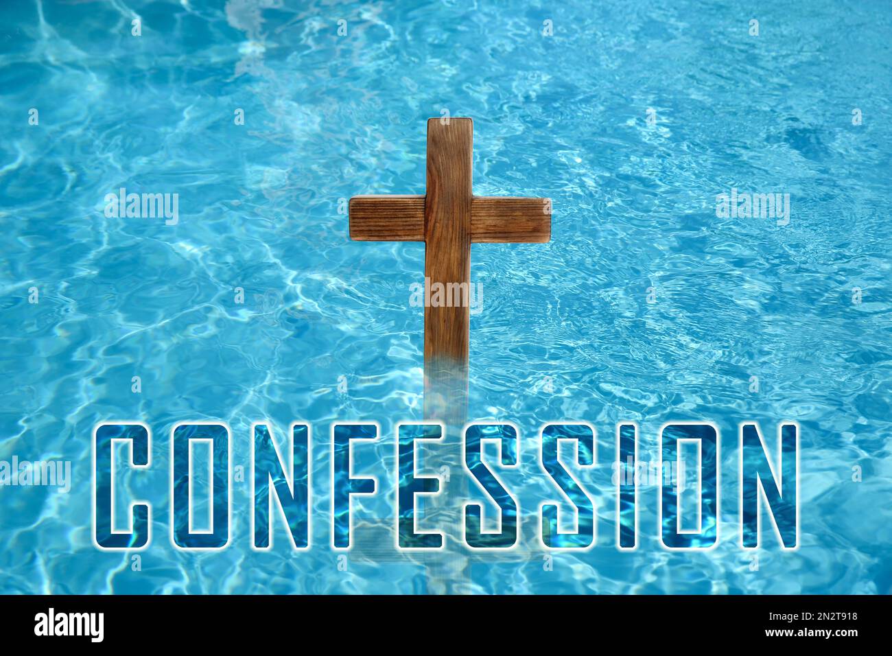 Word Confession near wooden Christian cross in water Stock Photo - Alamy