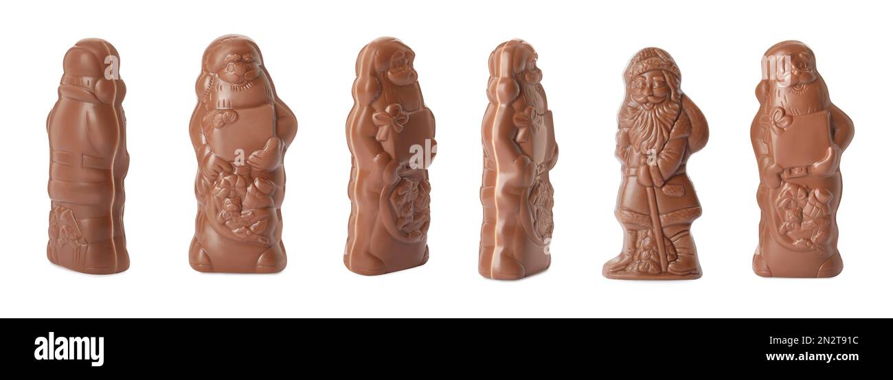 Chocolate Santa Claus figures on white background, views from different ...