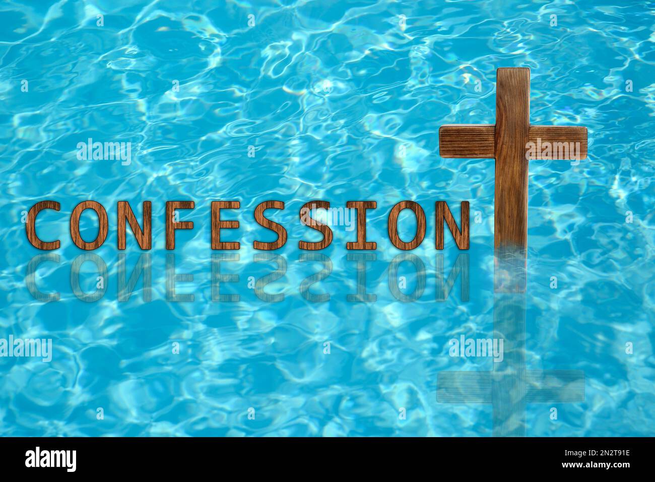 Word Confession near wooden Christian cross in water Stock Photo - Alamy