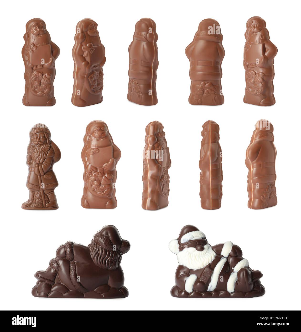 Set of chocolate Santa Claus figures on white background, views from ...