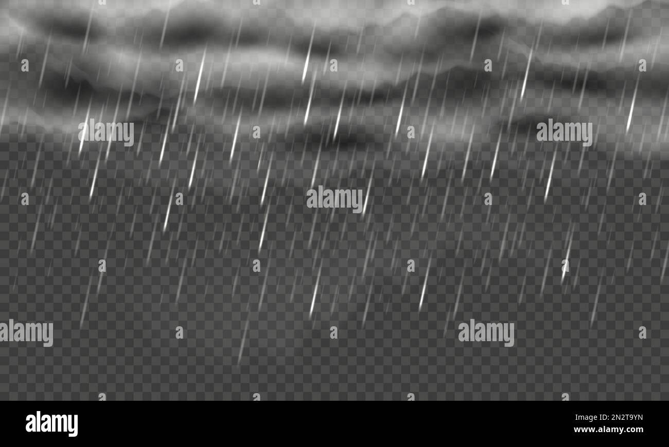 Raining day background. Wet weather, rainy sky with clouds and falling raindrops. Isolated ...