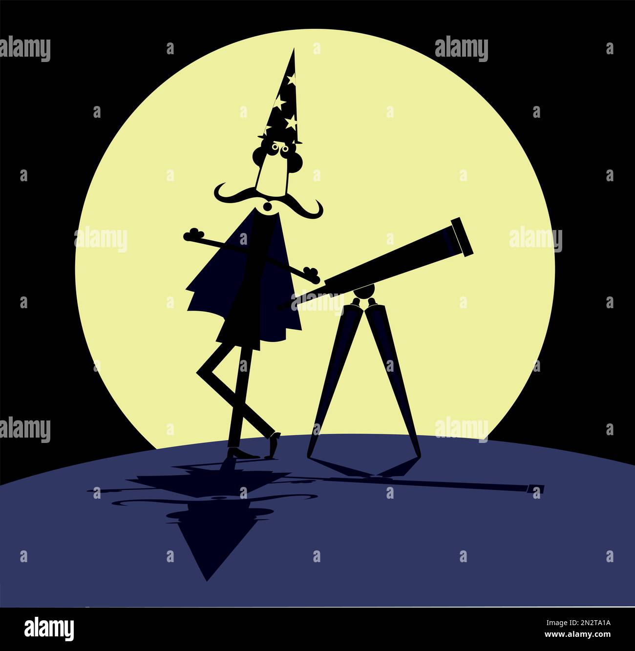 Cartoon stargazer with telescope and full moon illustration. Funny ...