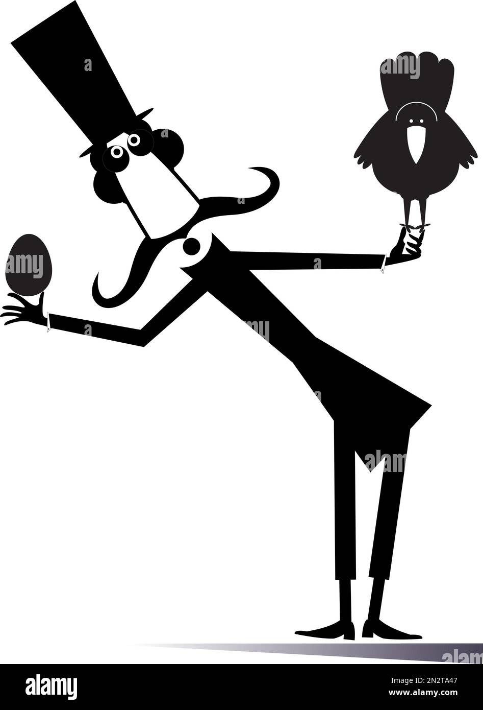 Funny long mustache man in the top hat holds a chicken in one hand and ...