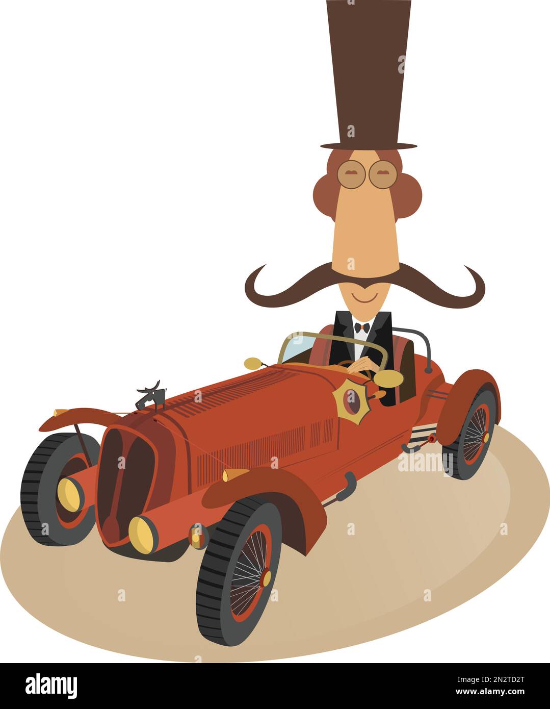 Gentleman rides a retro car. Smiling man in top hat drives a hot rod ...