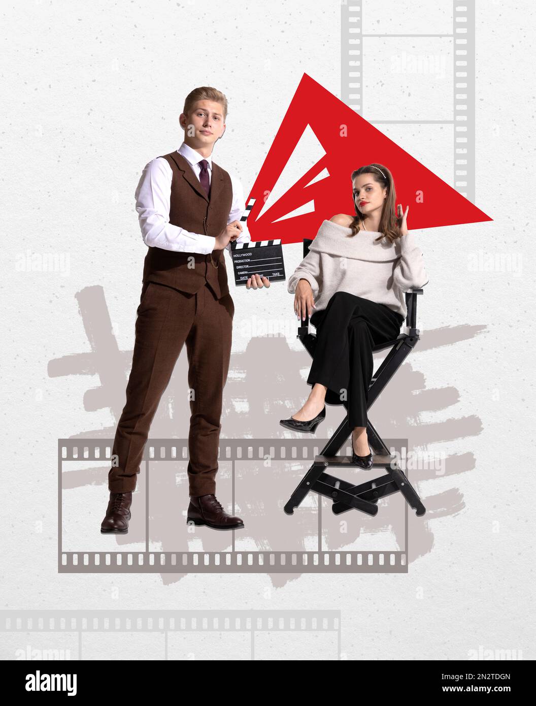 Contemporary art collage. Creative design. Young man and woman, actress ...