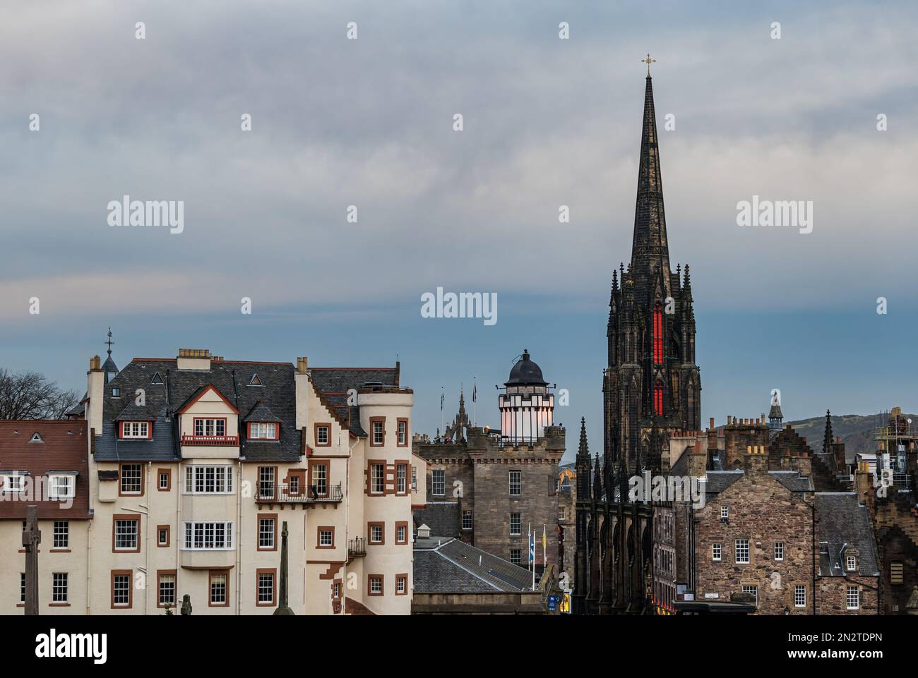 View of The Hub spire, Camera Obscura and Ramsey Gardens flats, Royal ...