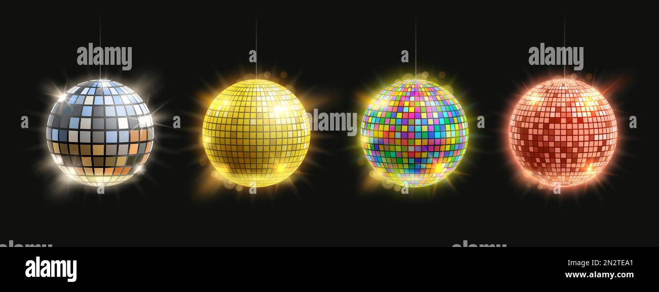 Disco mirror ball. Retro party club decoration silver, golden, rainbow ...