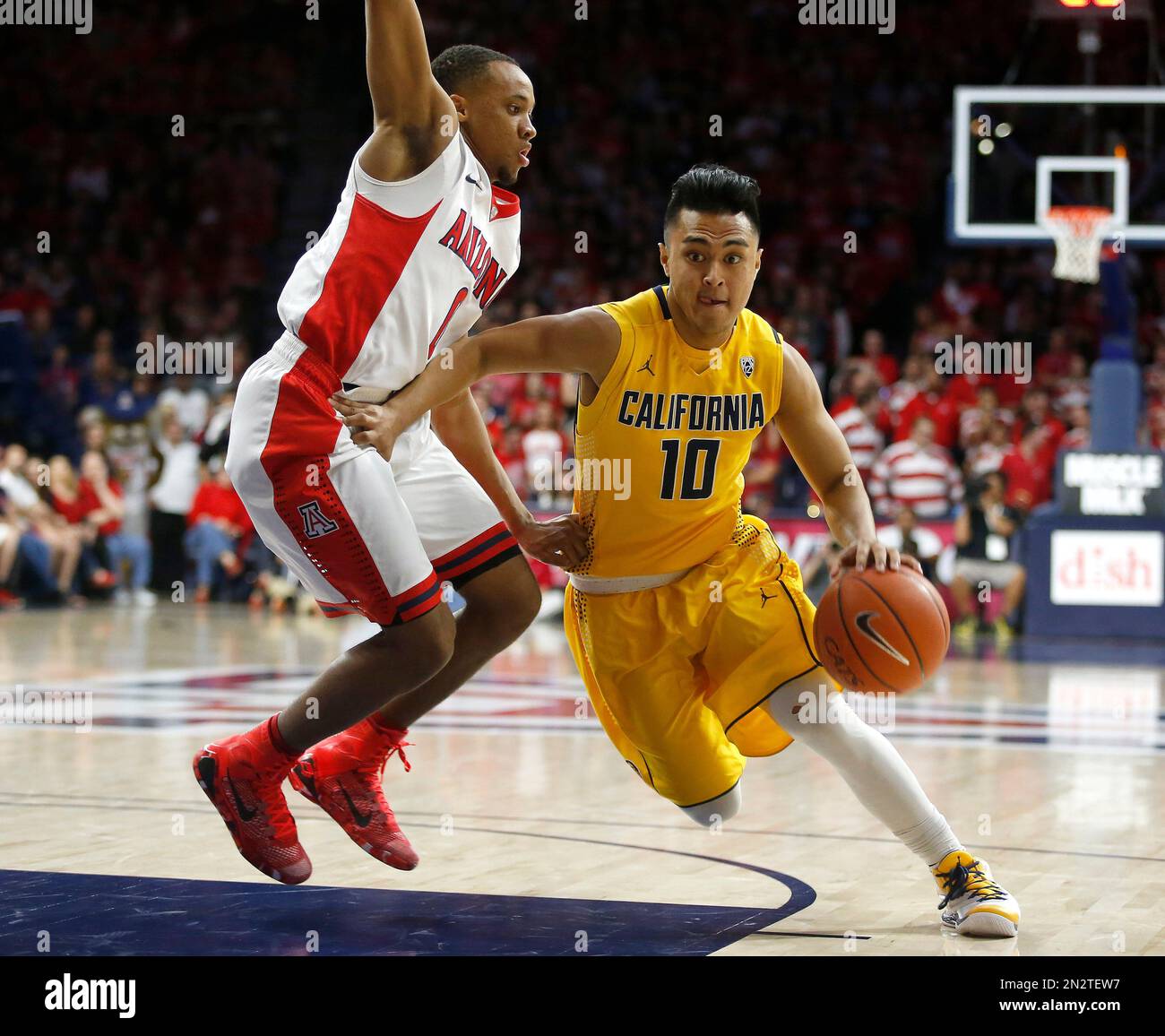 California guard Brandon Chauca (10) drives on Arizona guard Parker ...