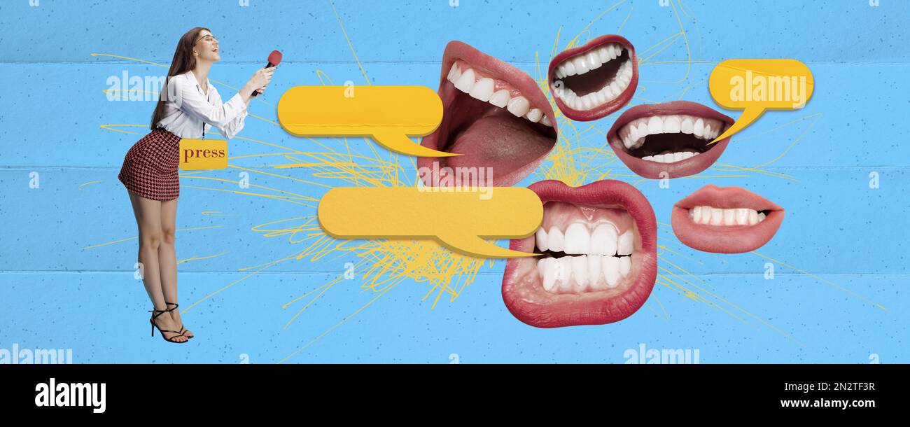 Contemporary art collage. Creative design. Young woman, journalist ...