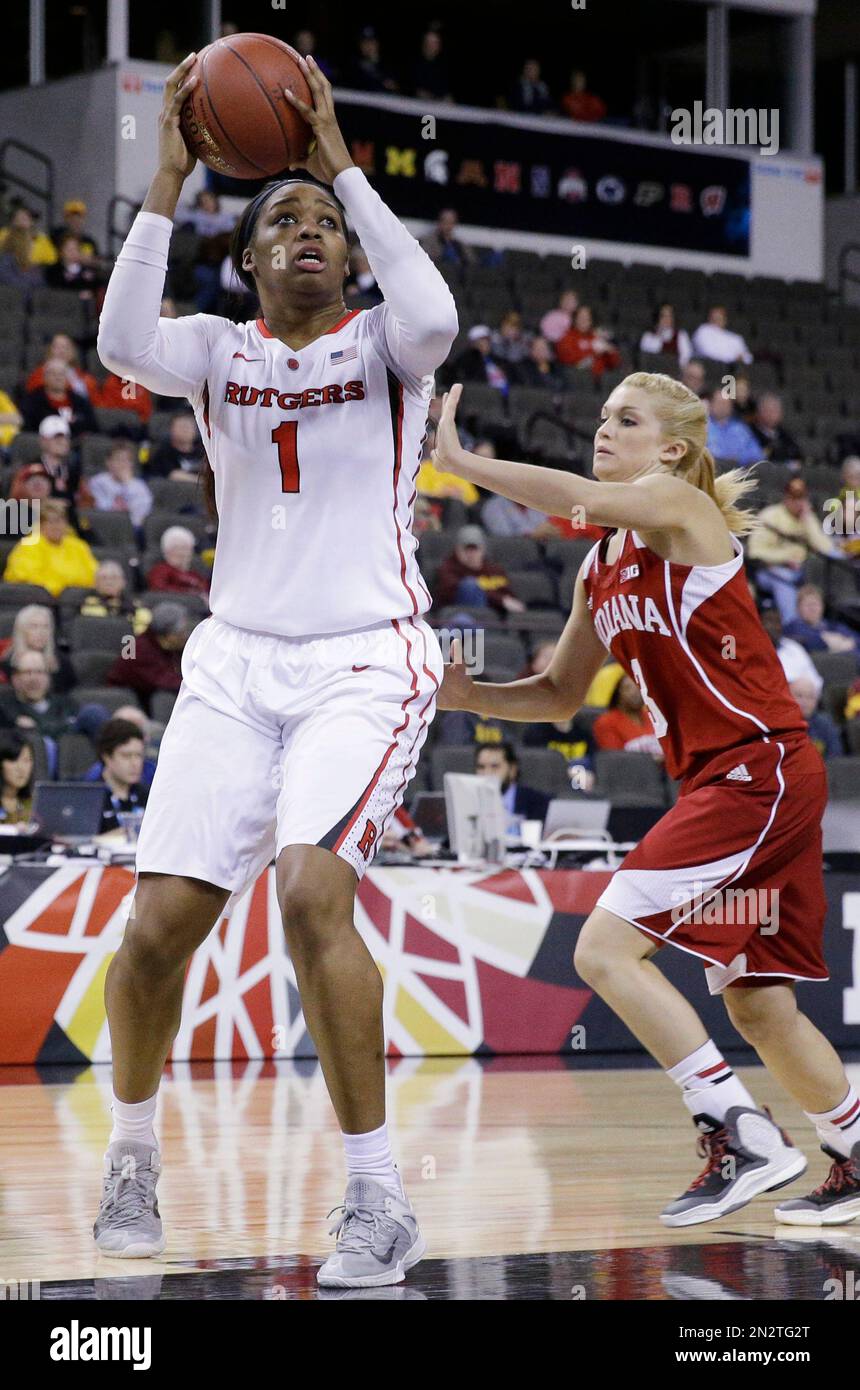 Rutgers center Rachel Hollivay, left, looks to the basket as Indiana ...