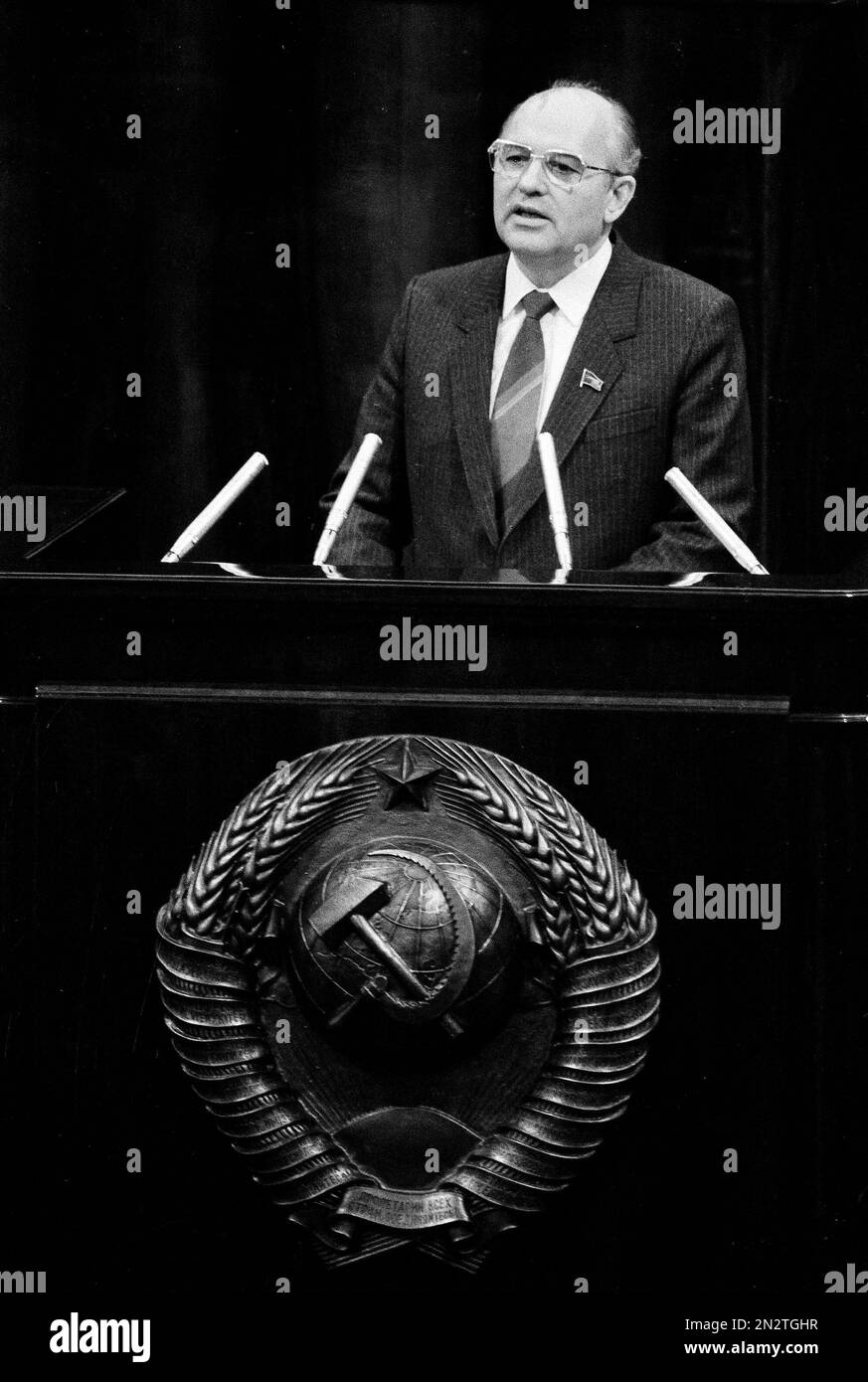 Soviet Leader Mikhail Gorbachev addresses the National Parliament at a ...