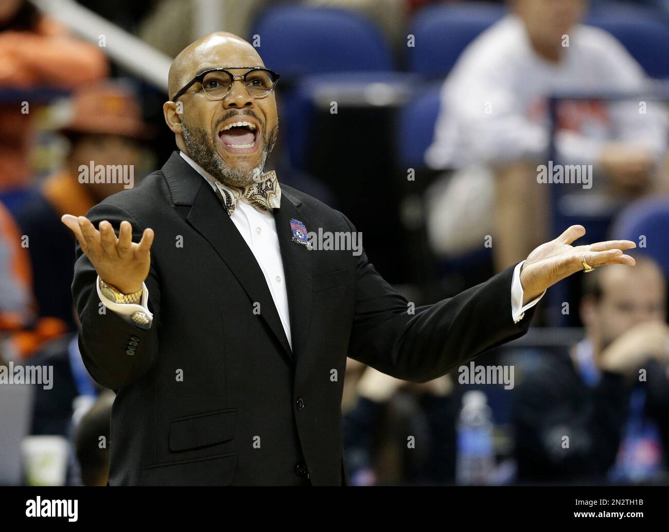 Syracuse head coach Quentin Hillsman argues a call during the first ...