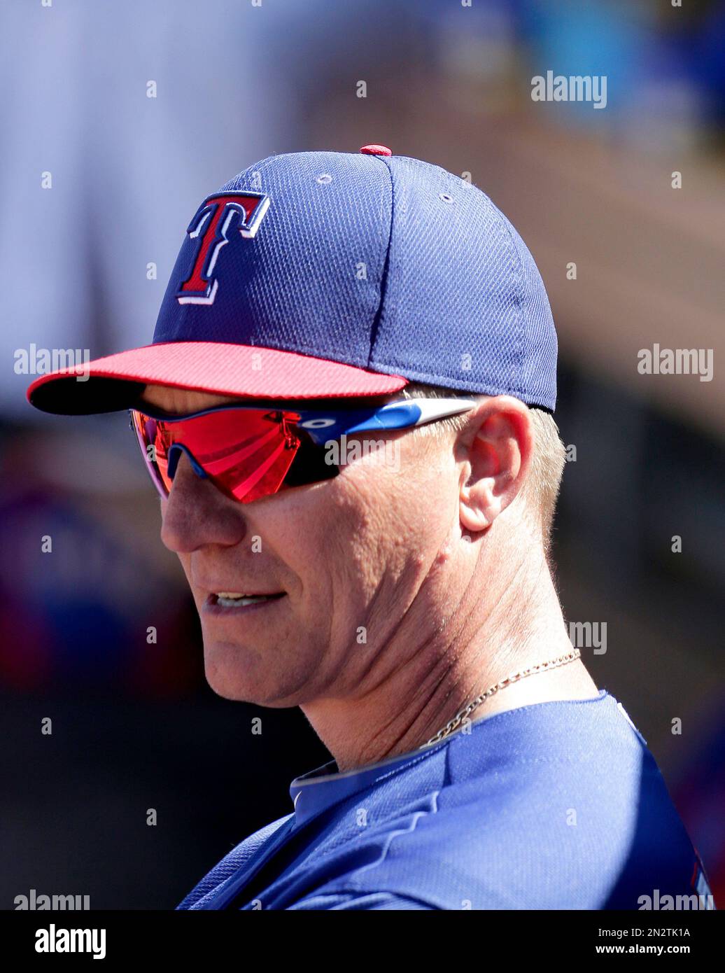 Texas Rangers manager Jeff Banister watches during the first inning of ...