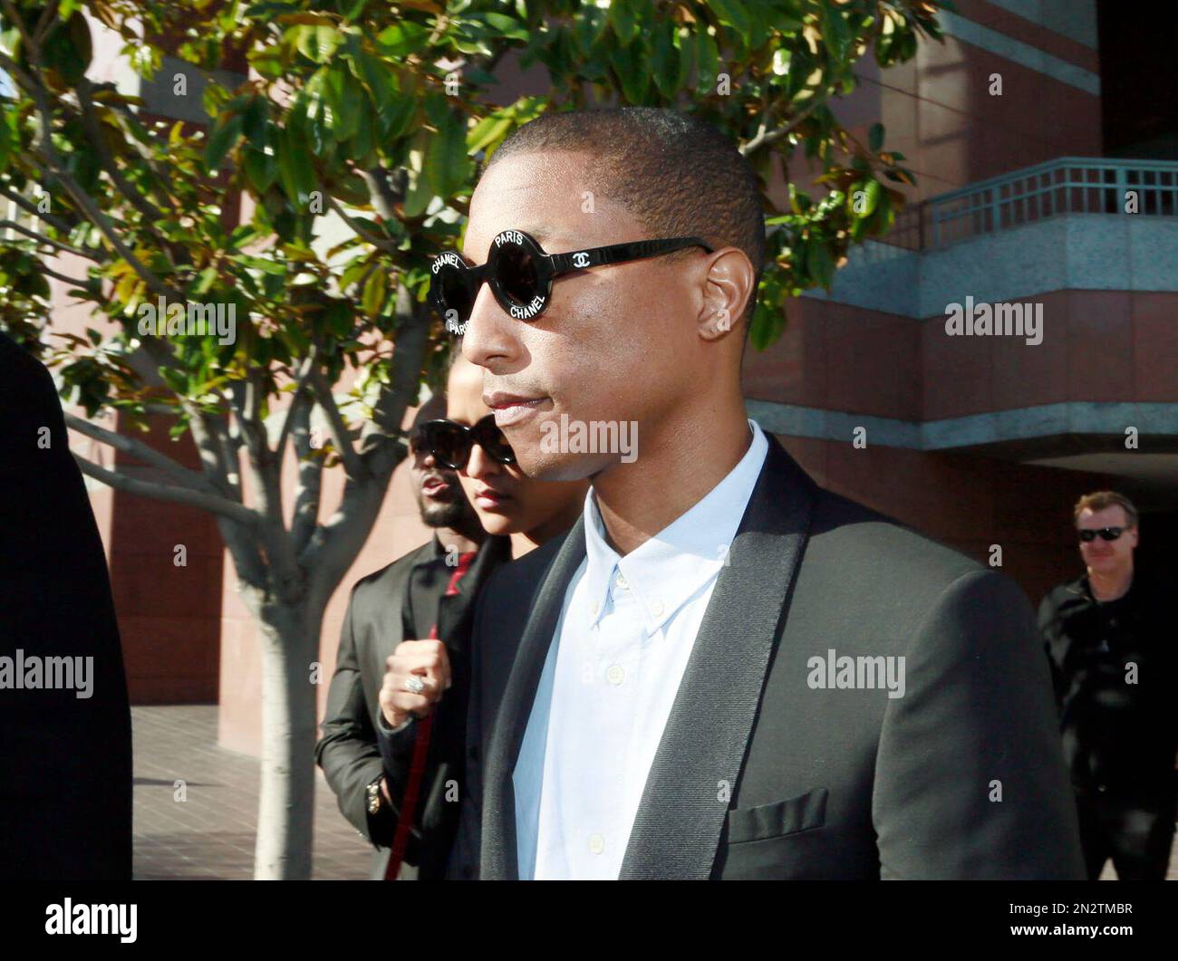Pharrell Williams leaves Los Angeles Federal Court after testifying at trial in Los Angeles ...