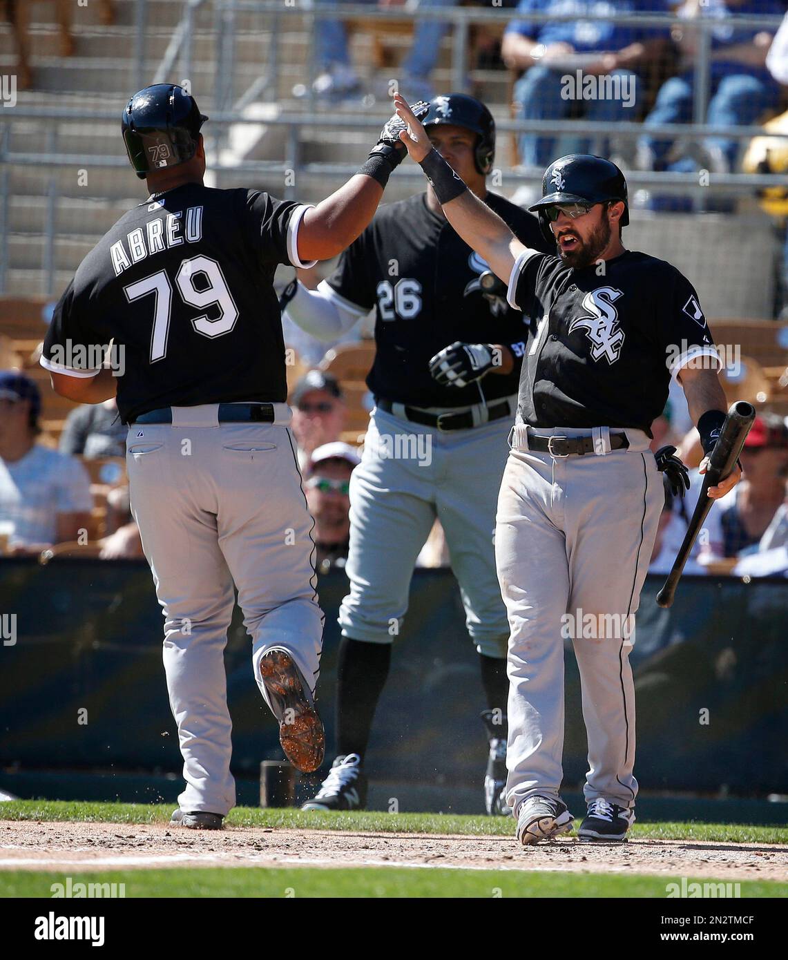 Chicago White Sox's Adam Eaton, right, congratulates Jose Abreu as ...