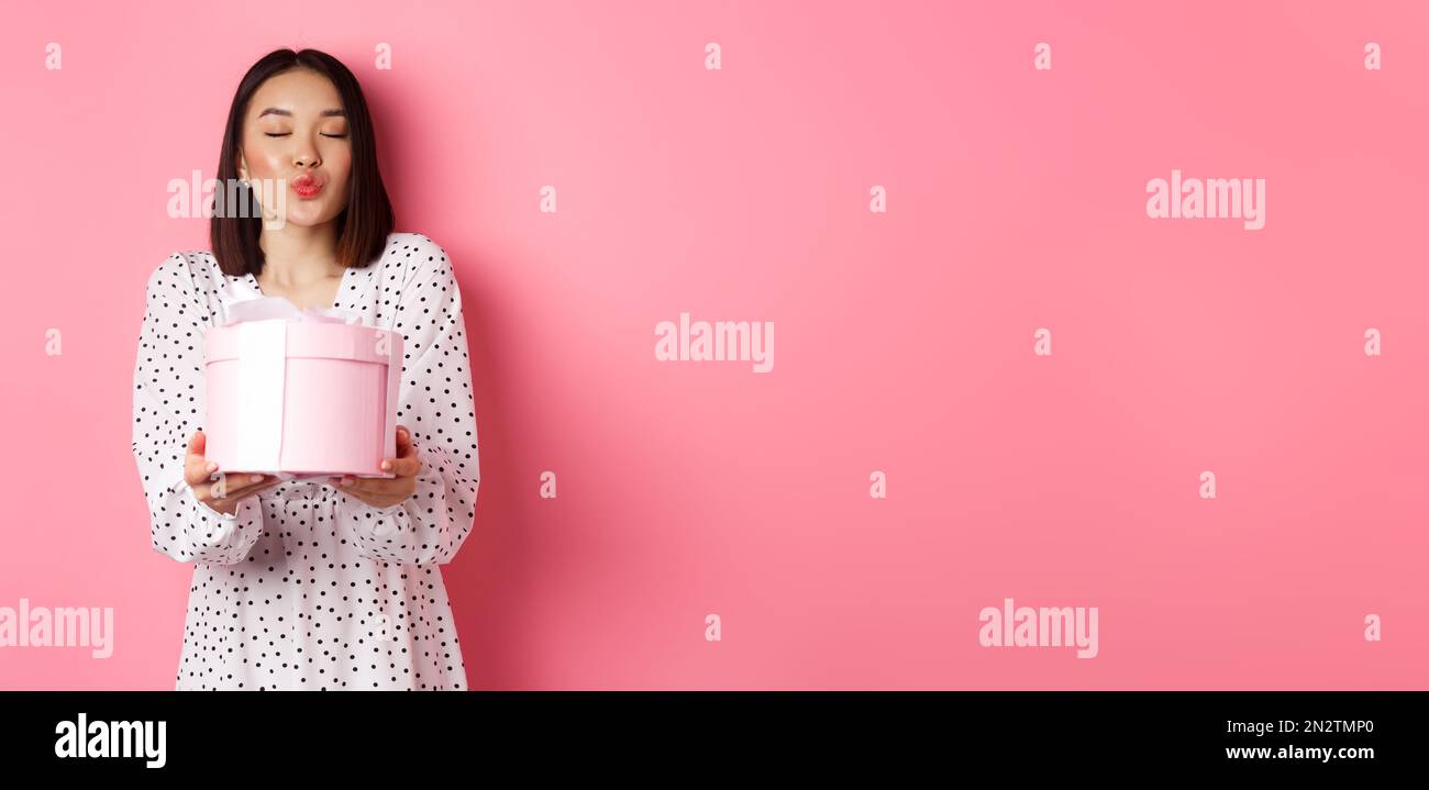 Cute Asian Girlfriend Congratulate With Valentines Day Giving Cute