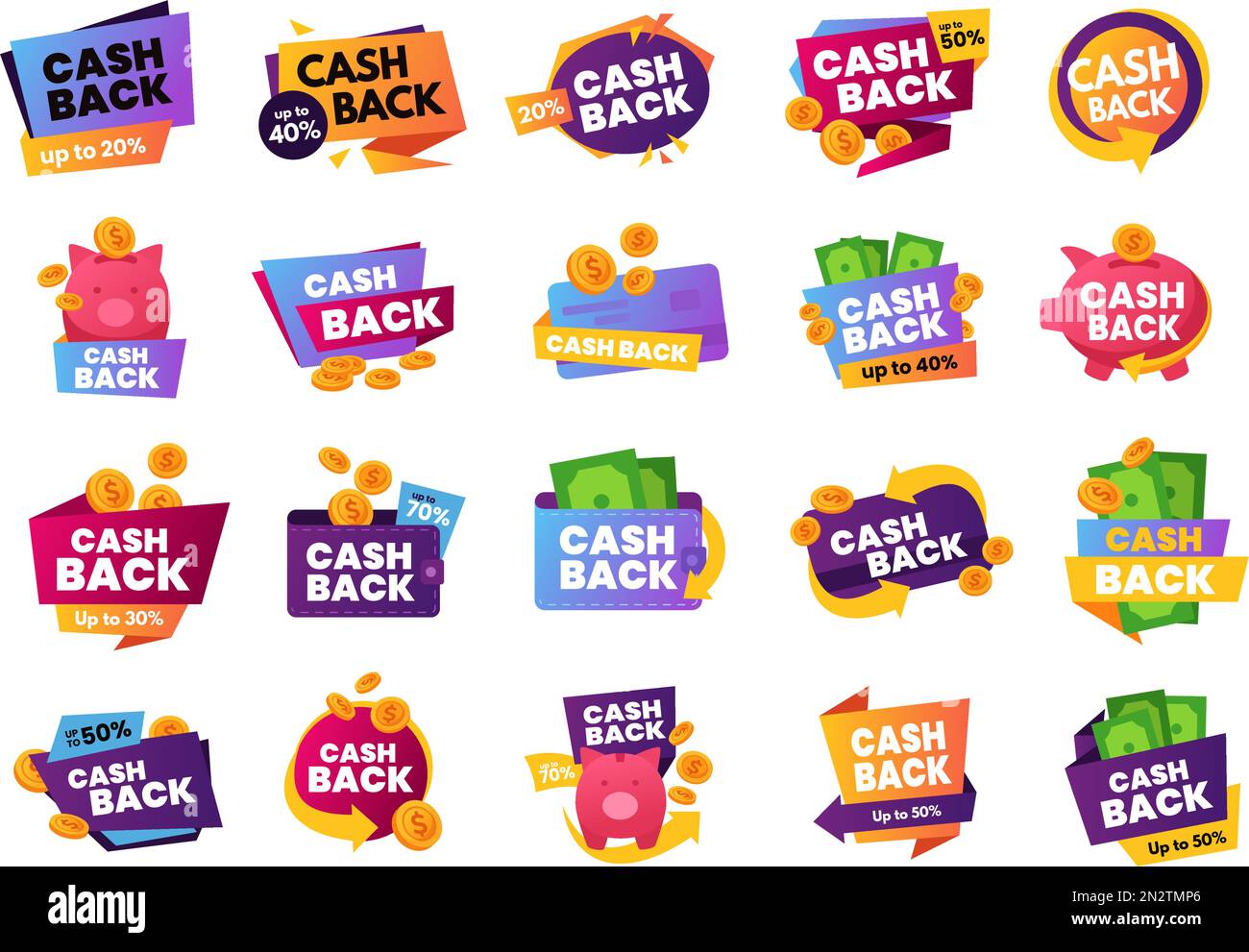 Cash back. Promotion offer sign with coins and cash returns to wallet ...