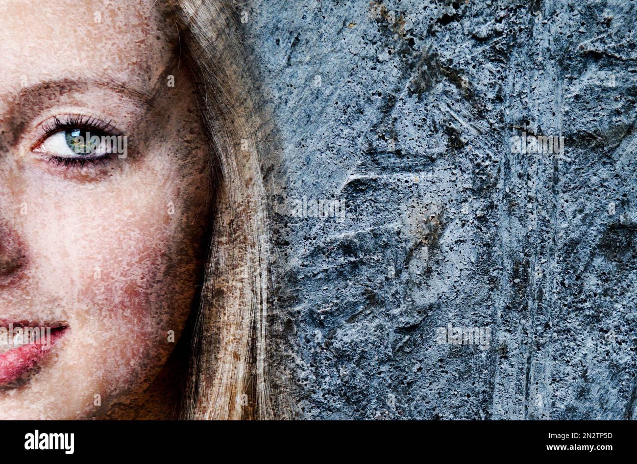 half blond young woman face composite with a grunge grey wall Stock ...