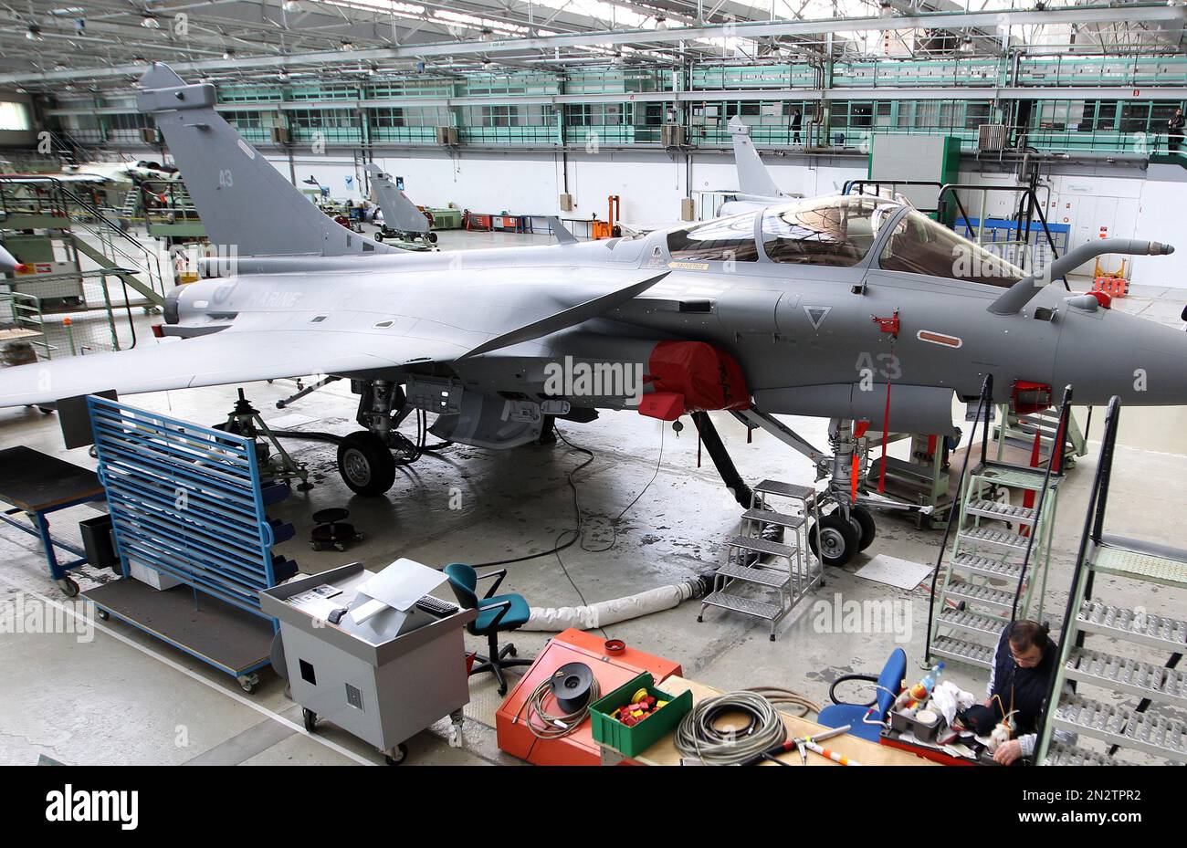 View of a Rafale jet fighter on the final assembly line in the factory ...