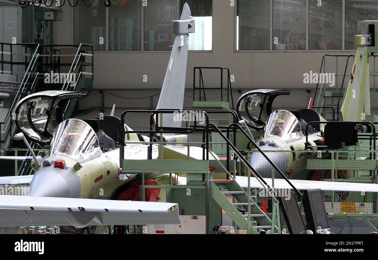View of a Rafale jet fighter on the final assembly line in the factory ...