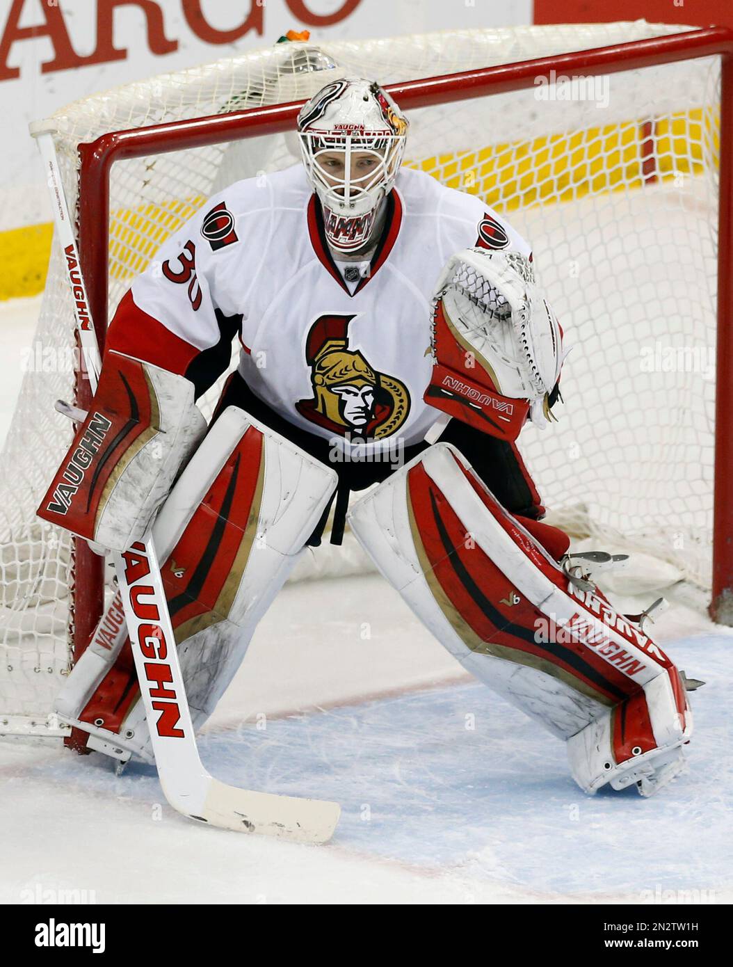 Ottawa Senators goalie Andrew Hammond defends the net in the first ...