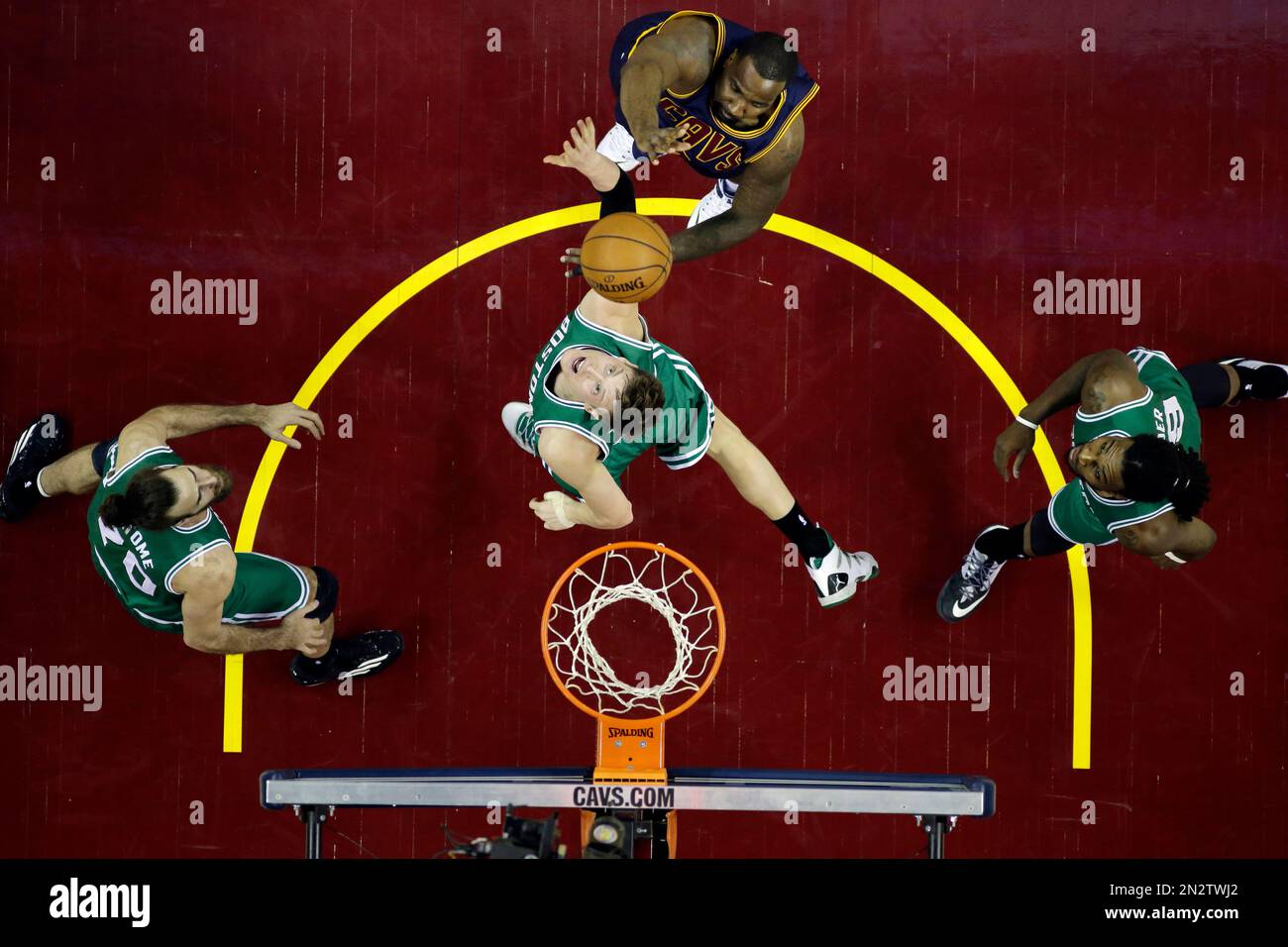 Cleveland Cavaliers' Kendrick Perkins, top, shoots over Boston Celtics ...