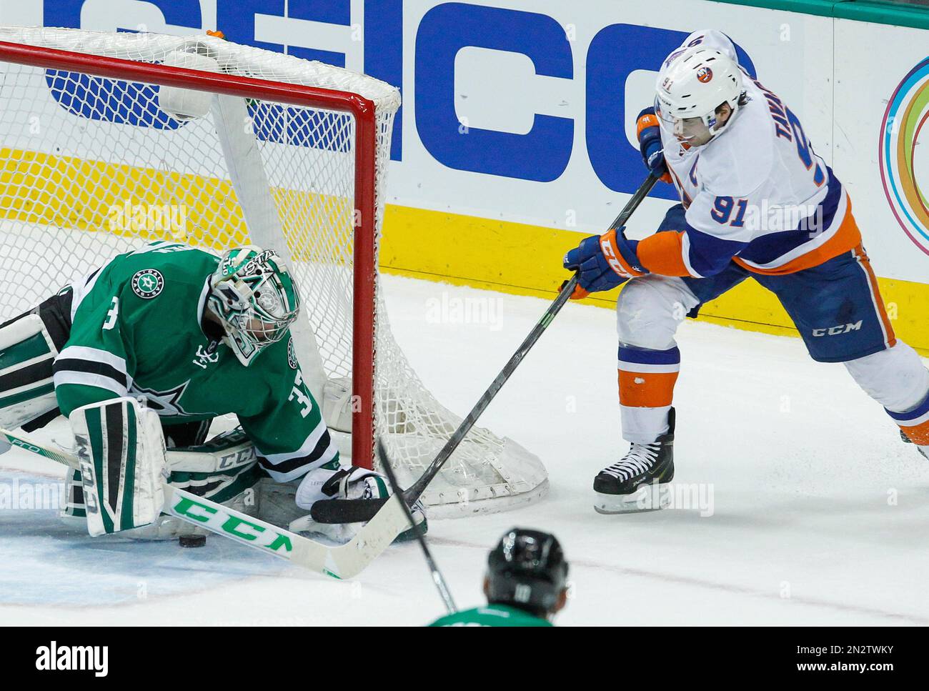 New York Islanders center John Tavares (91) has a shot stopped by ...