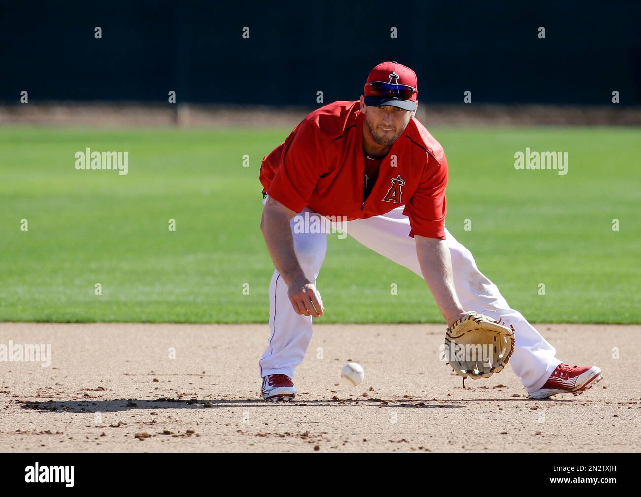 Los Angeles Angels’ David Freese fields ground balls during a spring ...