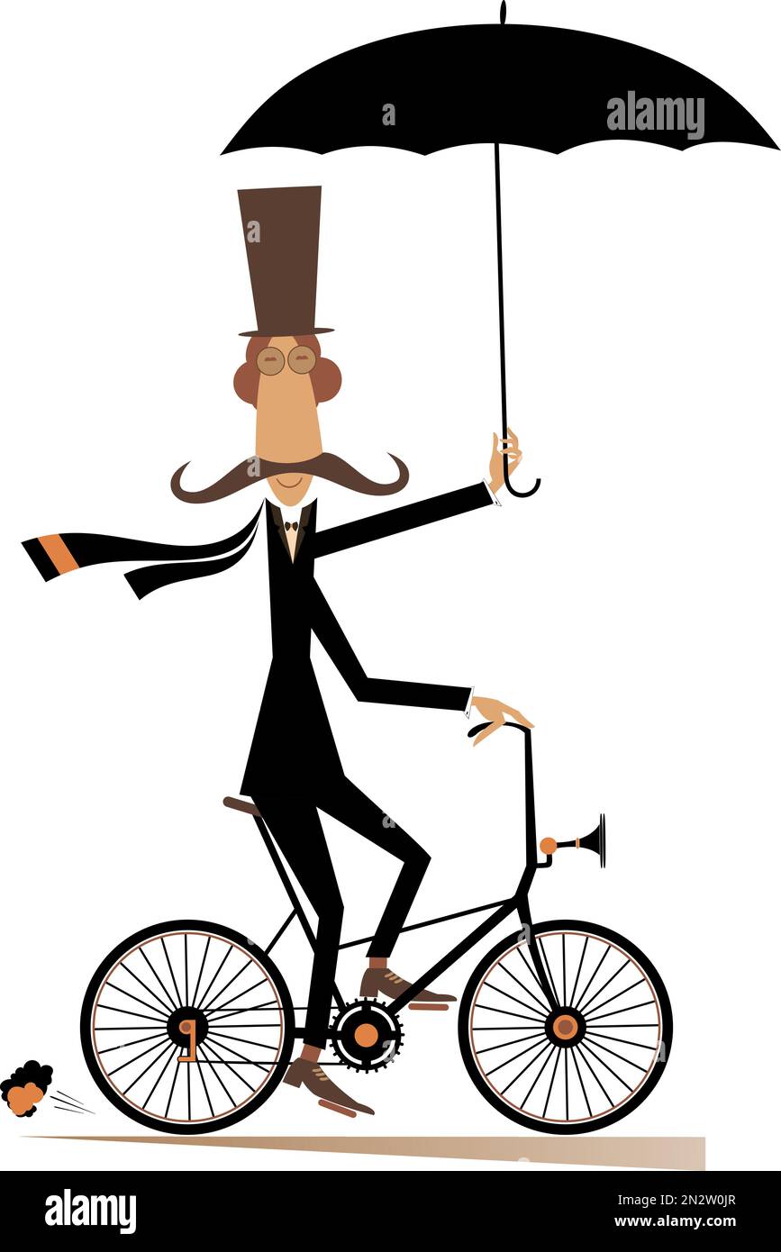 Cartoon long mustache man in the top hat with umbrella rides on the ...