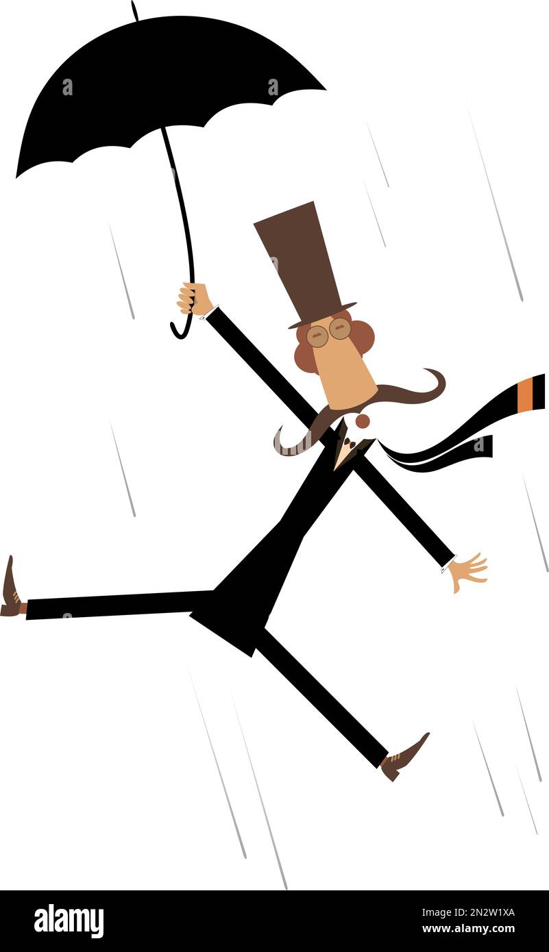 Cartoon man, umbrella and windy day. Funny long mustache man in the top ...