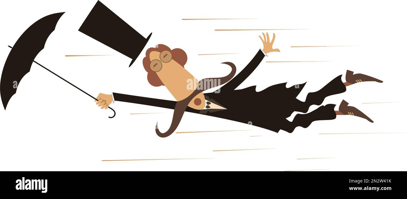 Cartoon man, umbrella and windy day. Funny long mustache man in the top ...