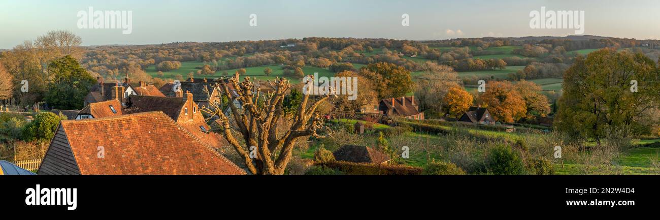 View over Burwash village cottages and High Weald landscape in autumn ...