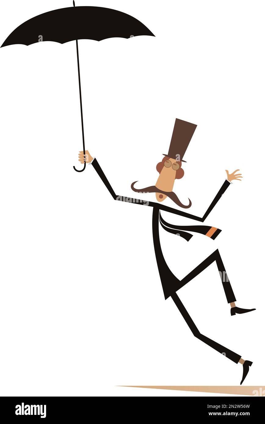 Cartoon man, umbrella and windy day. Funny long mustache man in the top ...